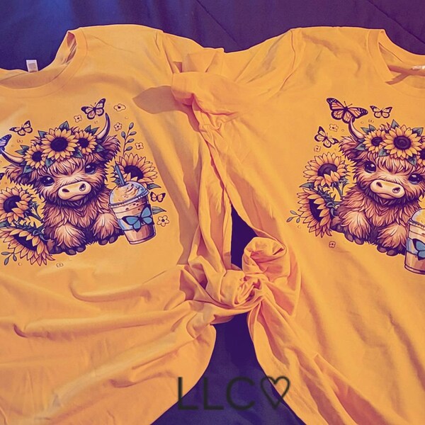 Highland Cow With Sunflowers DTF Print With Iced Coffee and Butterflies ...