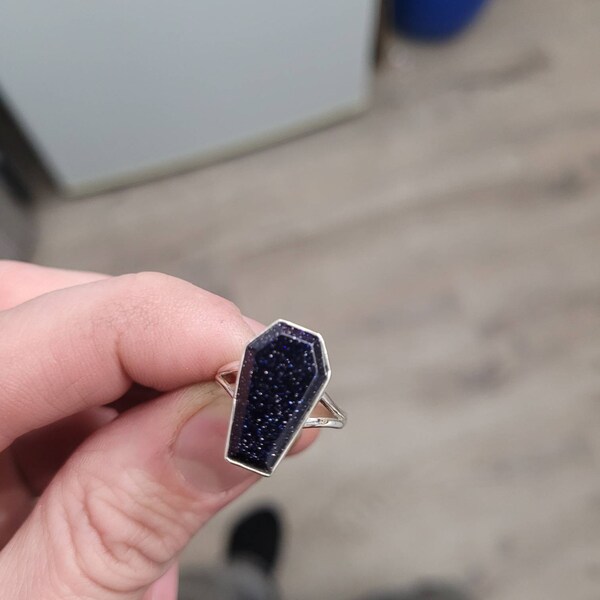 Coffin Ring, Blue Goldstone Coffin Ring, 925 Sterling Silver, Goldstone ...