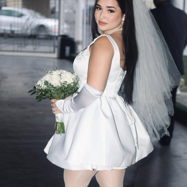 White Taffeta Mini Wedding Dress – Corset Bodice, Square Neckline ...