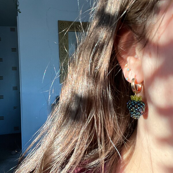 Beaded Raspberry Earrings With Gold or Silver Huggie | 3D Handmade ...