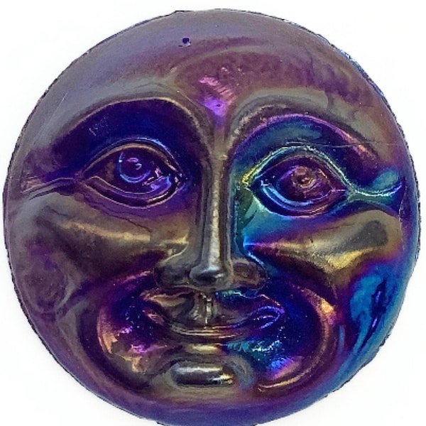 Blue Moonface Glass Jewel, Chicago Art Glass, 40mm Moonface, Iridescent ...