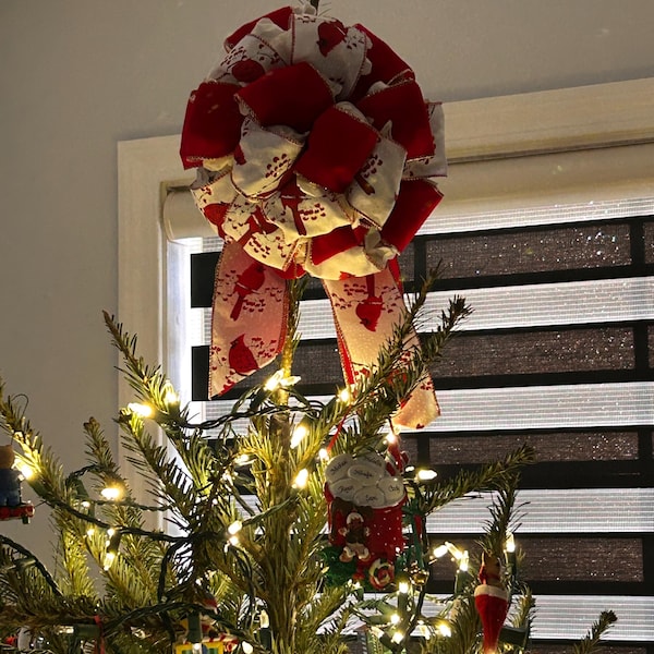 15" Cardinals in Snow and Red Velvet Tree Topper Bow, With Four 6 ...