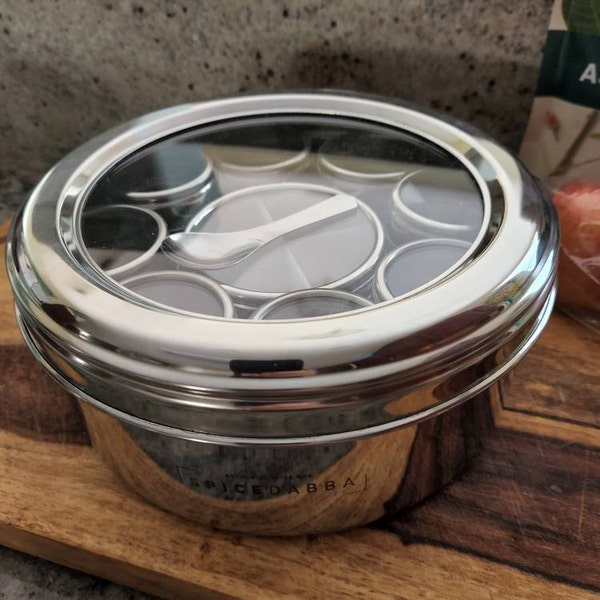Stainless Steel Indian Spice Box, Steel Masala Dabba 12 Spices, Lid ...
