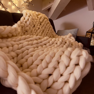 Chunky Knit Blanket, Softest Merino Wool Blanket, Organic Certified ...
