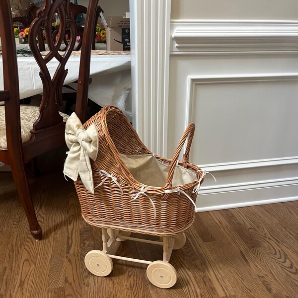 Natural Wicker Baby Carriage, Doll Stroller, Push Toy for Toddler Girls ...