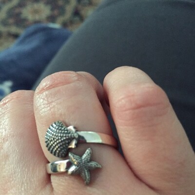 Seashell and Starfish Ring, Adjustable Ring, Sealife Ring, Ocean Ring ...