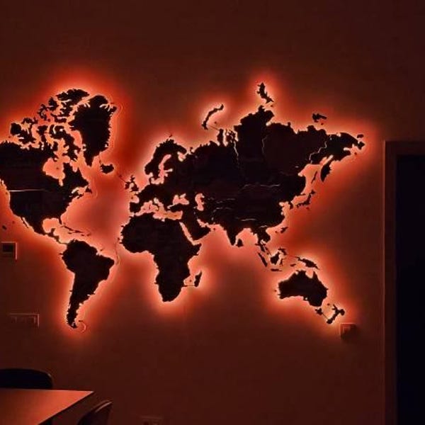 Led 3D Wall Map Art, Led Wall Art, Apartment Decor, World Map With LED Lighting, Illuminated ...
