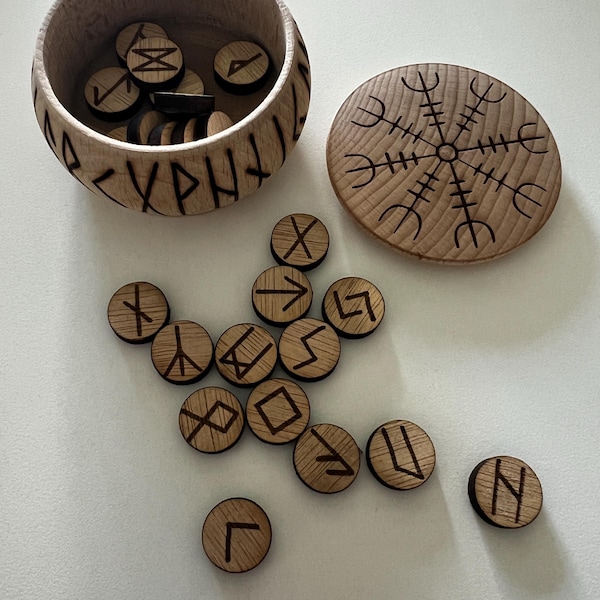 Hand Turned Alder Box of 24 Wood Runes Round Small Viking Runes Rune ...