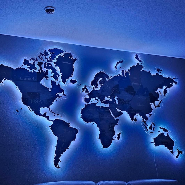 3D Map of the World With LED Lighting, 3D Wood Family Travel Map, Push ...