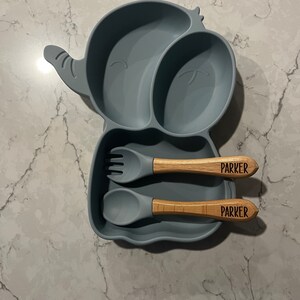 Personalized Dinosaur Suction Cup Bottom Plate With Fork and Spoon and ...