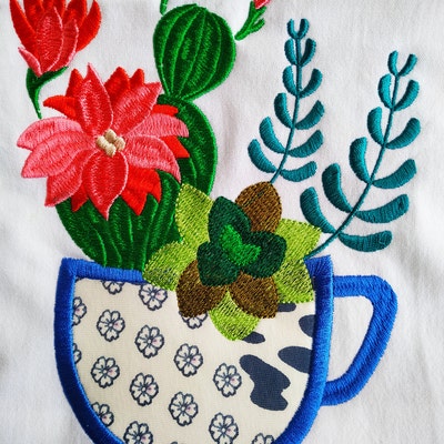 Succulents and Cup Applique Machine Embroidery Design, Embroidery ...