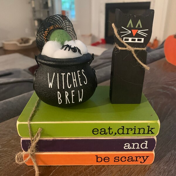 Halloween Decor, Tiered Tray, Mini Book Bundle, Black Cauldron, Book ...
