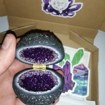 Purple Glass Crystal Engagement Ring Box , Handmade Glass Crystal Druzy ...