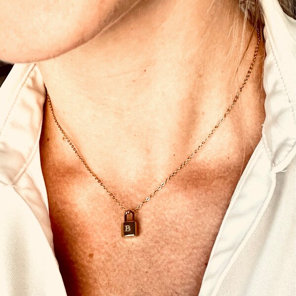 Initial Padlock Necklace • Tiny Engraved Mini Lock • Custom Letter Necklace • Dainty ...