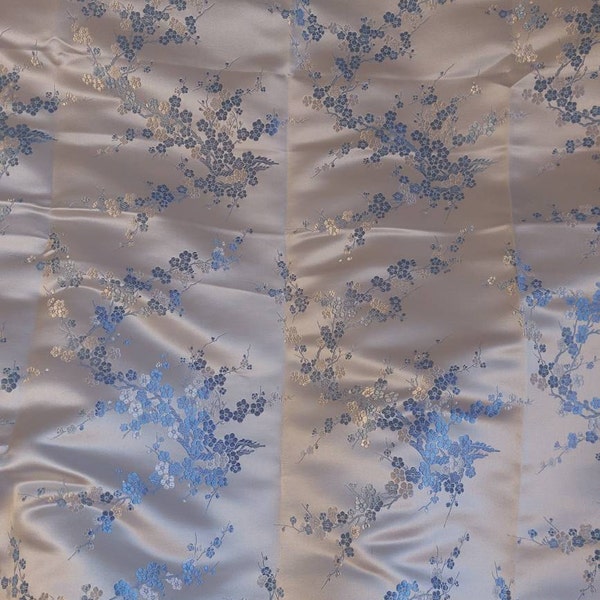Fabric Silk Brocade Dark Blue and Color Gold Bamboo Floral -by Half ...
