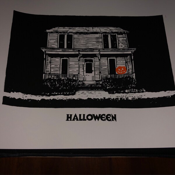 HALLOWEEN Lino Cut "homecoming", Haunted House With Pumpkin, Michael ...