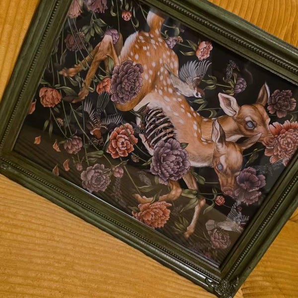 Fawn Deer With Birds and Flowers Gothic Botatnical Art- Giclee Print ...