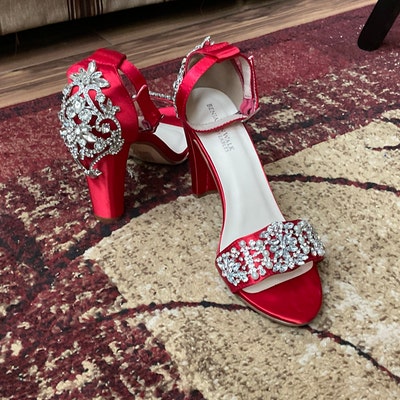 Red Chunky Heels Over 100 COLORS Red Bridal Sandals Rhinestone and ...