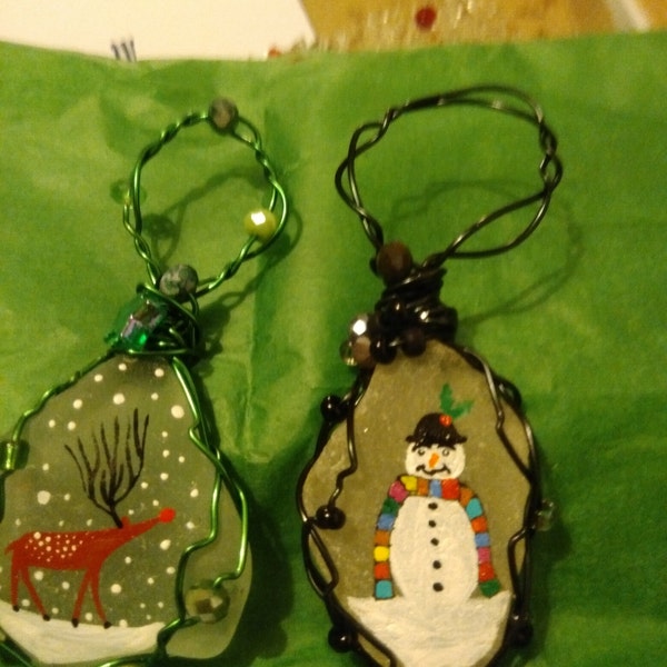 Sea Glass Hand Painted Art Christmas Tree Decorations - Wire Wrapped ...