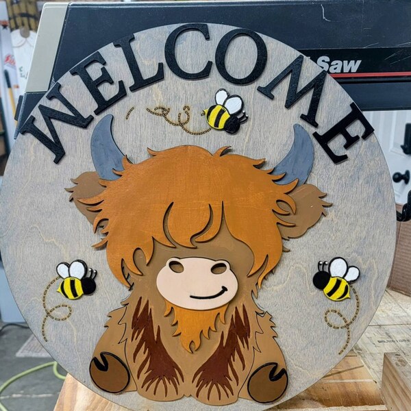 3 Sizes! WELCOME Highland Cow Round Door Hanger or Sign Blank DIY Kit ...