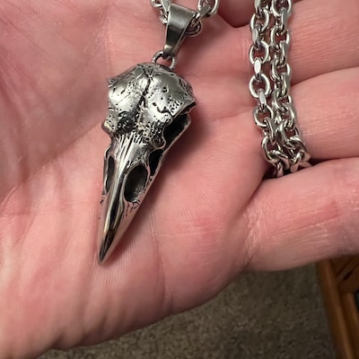 Oxidised Steel Winged Raven Skull Pendant - Etsy UK