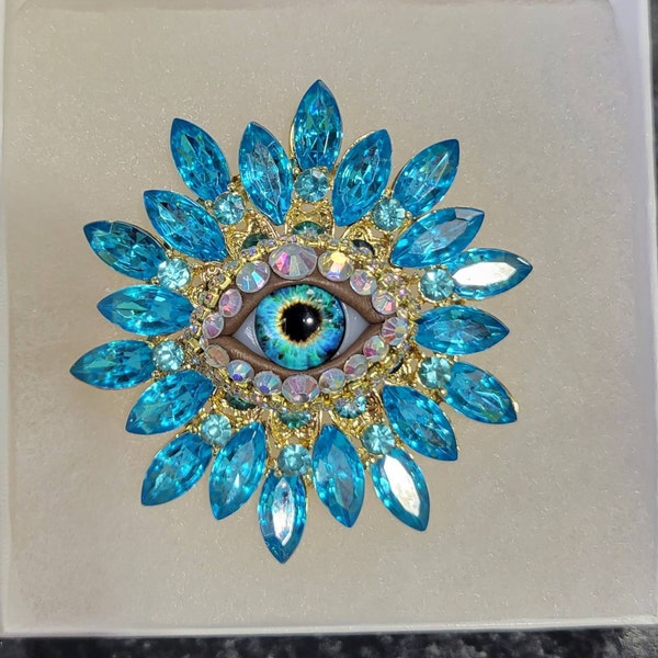 Vintage Blue Eyeball Brooch, Handmade Glass Iris, Rhinestone Sunburst ...