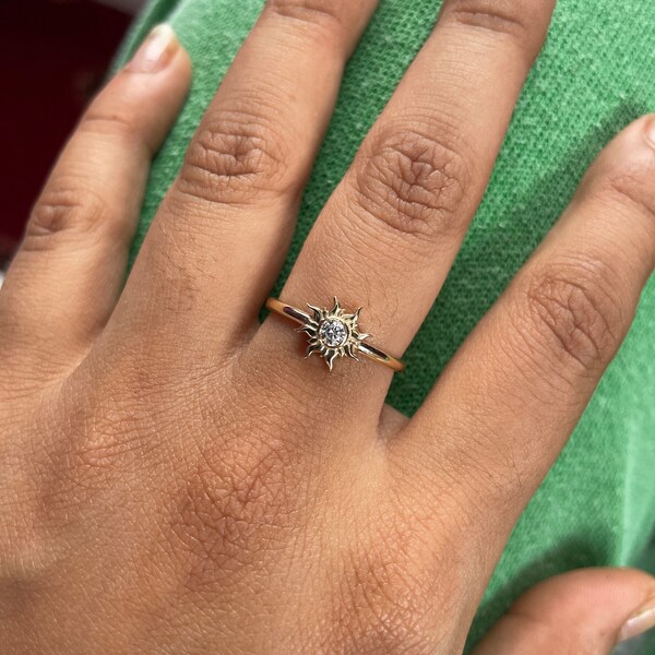 14K Solid Gold Sun Ring, Sterling Silver Sun Ring, Birthstone Ring ...