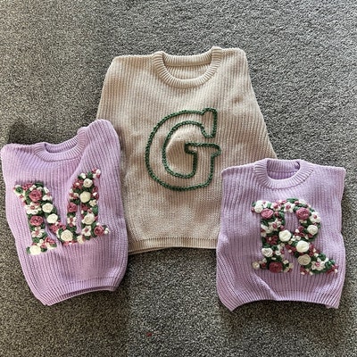 Personalised Childrens Floral Initial Jumper Hand Embroidered Name ...