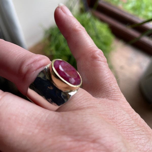 Indian Ruby Ring Faceted Oval Ruby Ring Ruby Two Tone Ring Ruby ...