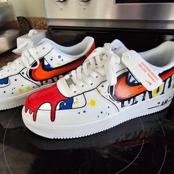 Custom Af1 Shoes-black Drip,hand-painted Air Force 1,cartoon Sneakers ...