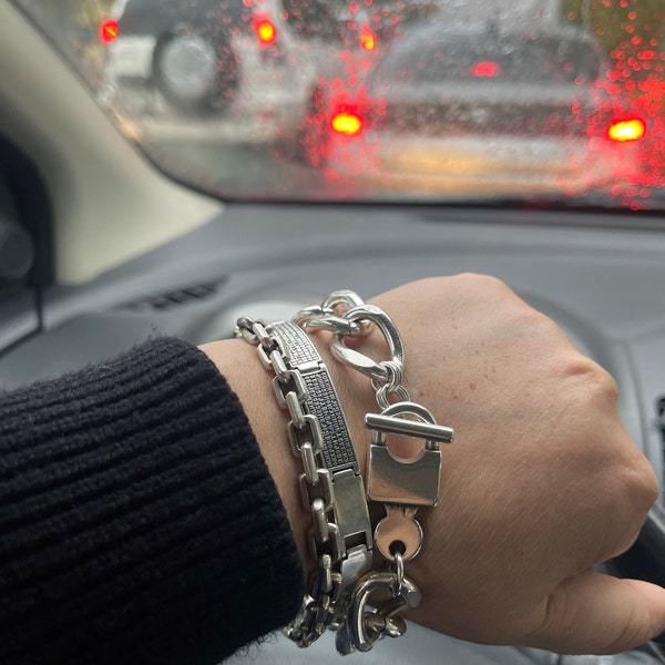 Oversized Thick Chain Womens Padlock Bracelet• Chunky Key-lock Cuban ...