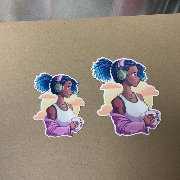 Cute Anime Pink Lo-fi Girl Relaxing Neon Hair Listing to Music With ...