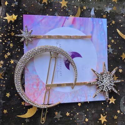 Moon Goddess Hair Clips Crescent Moon Hair Pin Pave Hair Clip Celestial ...