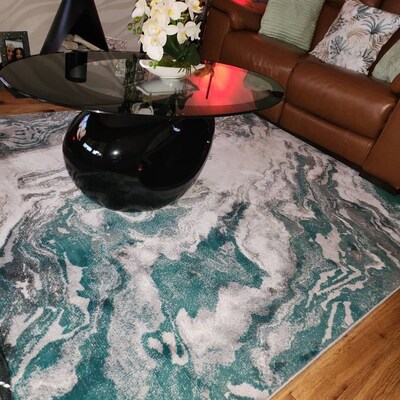 Thick Luxurious Teal Blue Silver Leaf Area Rugs Hand Carved High ...