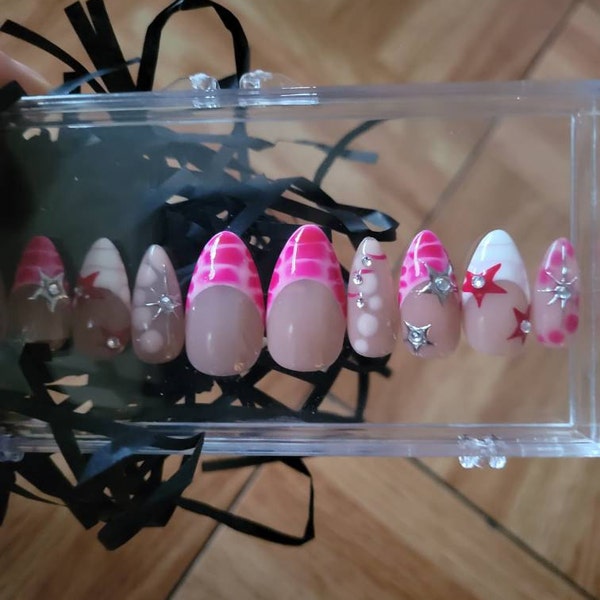 White and Red French Tip With Stars Long Stiletto Press on Nails Goth ...