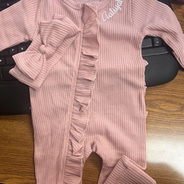Baby Name Newborn Waffle Knit Ruffled Footie With Bow - Baby Girl ...