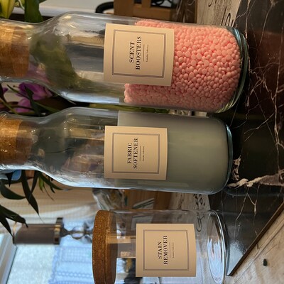 White Minimalist Laundry Labels Washing Powder Scent Boosters Home ...