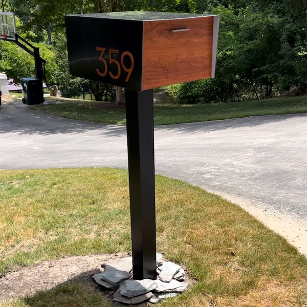 Extra Large Mailbox - Post Mounted - Aluminum Black Body With Red Oak ...