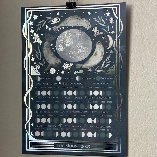 A3 Moon Calendar, Silver Foil, Lunar Wall Art, Seal Illustration - Etsy