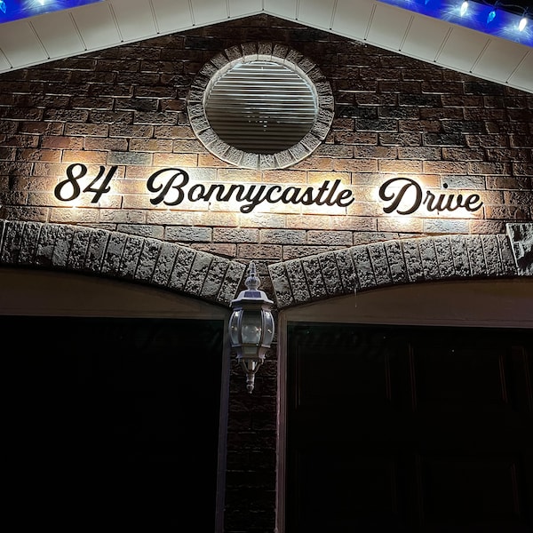 Custom House Address Signs | Modern Glossy Black Sign | White LED ...