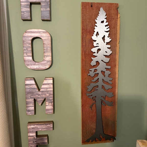 Set of Pine Tree on Barn Wood / Wood and Metal Signs / Rustic Sign ...