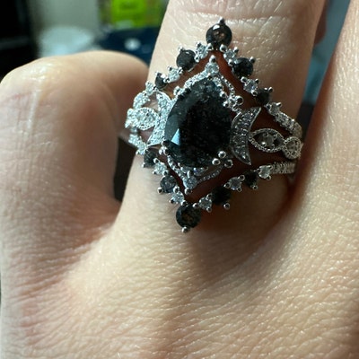 Salt and Pepper Crystal Ring 3pcs White Gold Moon Engagement Ring Black ...