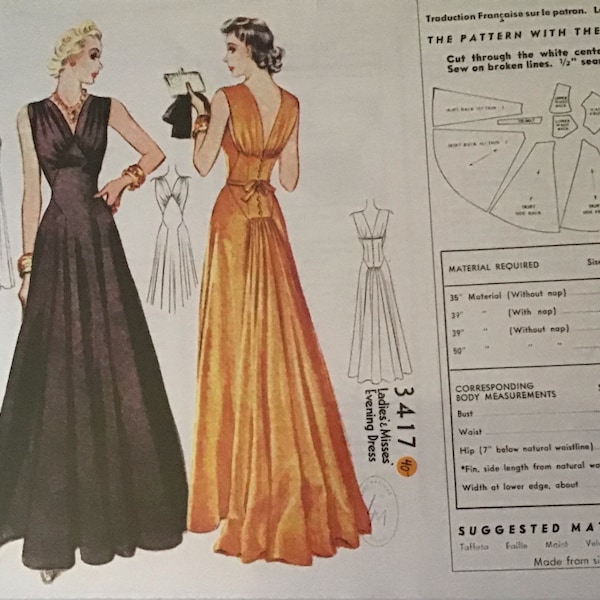 1930s 30s Evening Dress Gown Vintage Sewing Pattern PICK YOUR SIZE Bust ...