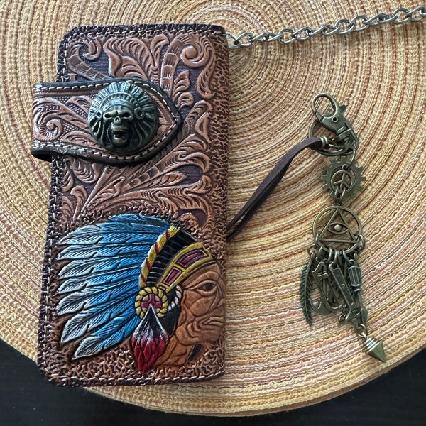 Carved Leather Biker Wallet Chain Eagle Carved Wallet Bifold Western ...