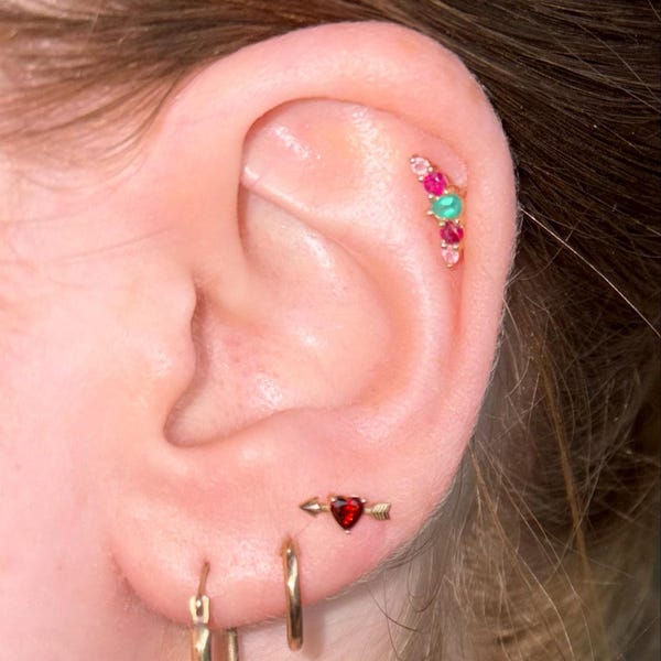 14K Solid Gold Green Agate Climber Earring/ruby Cartilage Piercing/pink ...