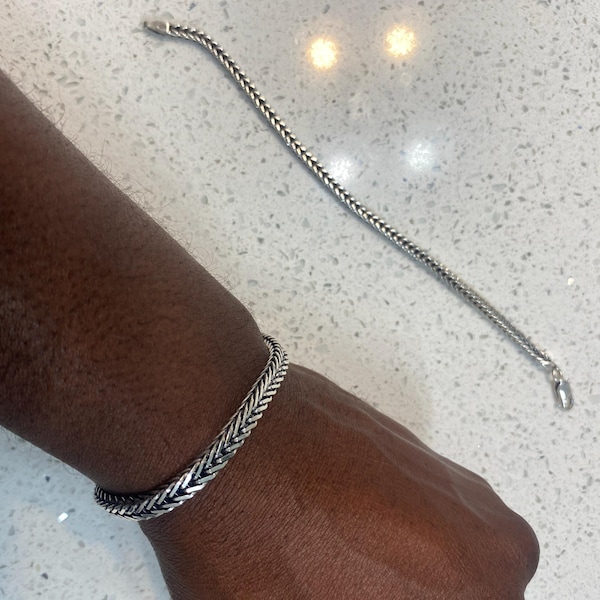 925 Sterling Silver Foxtail Chain Bracelet Men, Flat Wheat Bali ...