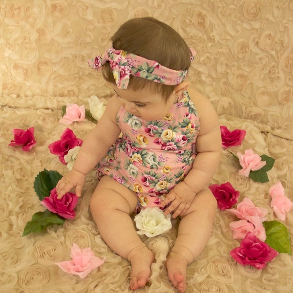 Baby Girl Romper Set, Baby Romper and Headband, Floral Baby Bloomer Set ...
