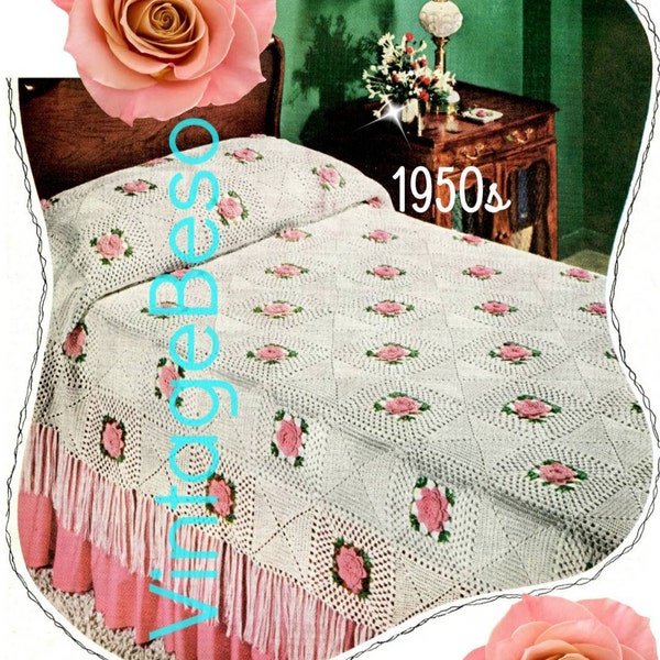 Rose Afghan Crochet Pattern • Vintage 1950s ROSE Bedspread • Popular ...