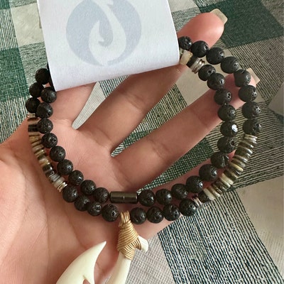 Mens Hawaiian Fish Hook Necklace, With Lava and Shell, Makau Necklace ...