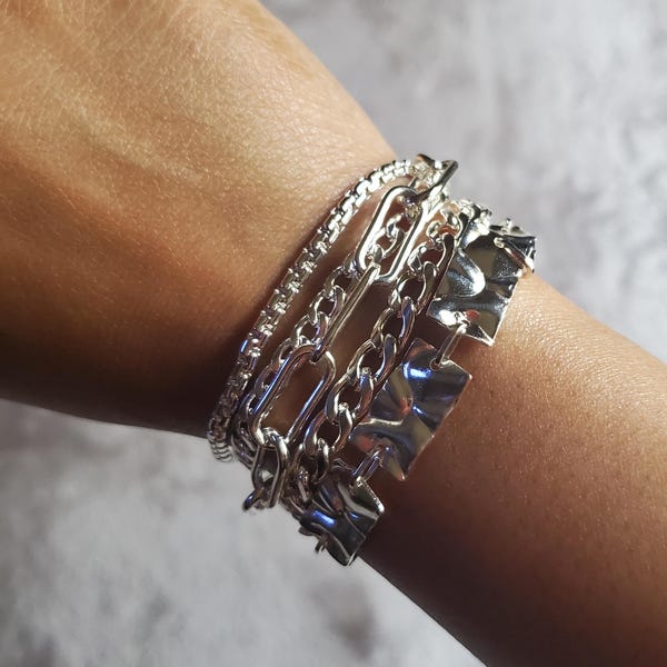 Chunky Multi Layer Silver Bracelet With Heart Charm for Women Bold ...